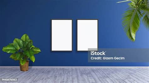 녹색 잎 식물 3d 렌더링 그림이 있는 파란색 벽에 있는 2개의 수직 프레임 모형 0명에 대한 스톡 사진 및 기타 이미지 0명 3차원 형태 가구 Istock