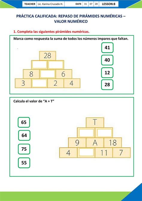 Repaso Pirámides Numéricas Y Valor Numérico Worksheet Periodic Table