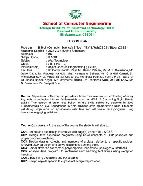 IT 2004 WT Lesson Plan WT Course Handout School Of Computer