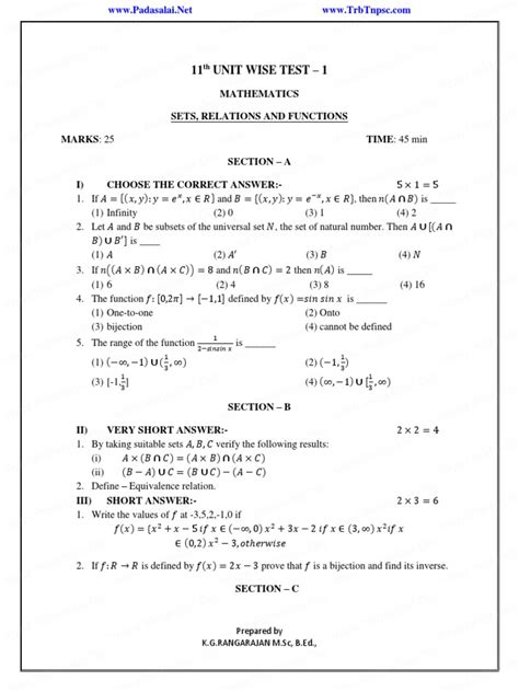 11th Maths Unit Test 1 Question Paper English Medium Pdf Mathematical Concepts