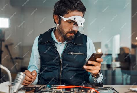 Téléphone De Chat Et Homme Travaillant Dans L Atelier De Technicien De