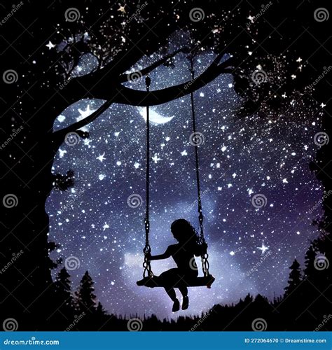 Girl On Swing Under Starry Sky Made With Generative Ai Stock