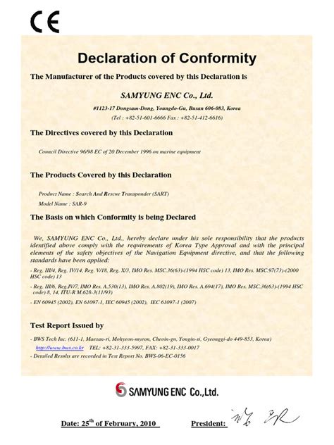 Ce Certificate Samyung Sart Sar 9 Pdf Technology And Engineering