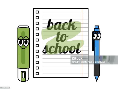 학교로 돌아 가기 이상한 캐릭터 귀여운 얼굴이 새겨진 비문 마커 및 펜이 있는 그루비한 종이 투명한 배경에 현대 벡터 일러스트 레이 션 0명에 대한 스톡 벡터 아트 및 기타