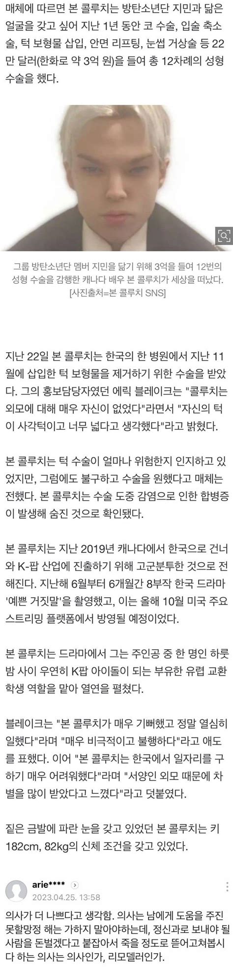 Bts 지민 닮으려 성형 12번 하다가 사망 유머움짤이슈 에펨코리아