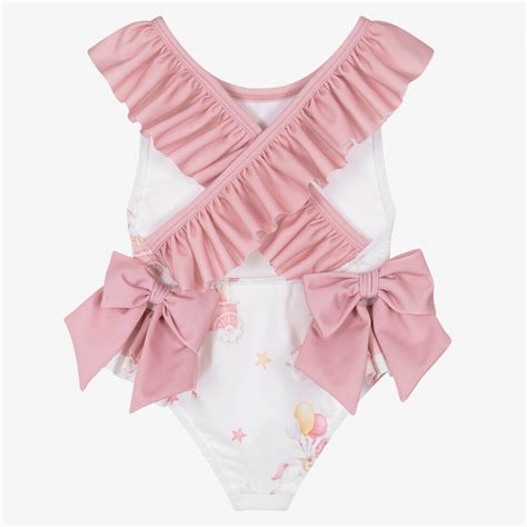 Meia Pata Girls White And Pink Carousel Swimsuit With Ruffles Upf50
