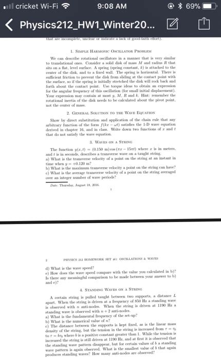 Solved Simple Harmonic Oscillation Problem Chegg Com