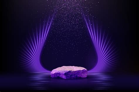 블루 바이올렛 돌 연단 수상 또는 제품 디스플레이 벡터 일러스트 레이 션 추상 텅 빈 3d 바위 무대 와 빛 광선 와 어두운 배경 럭셔리 제품 프레젠테이션 뷰티 산업 디자인