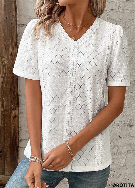 Rotita Patchwork White V Neck Short Sleeve Blouse Usd 2798