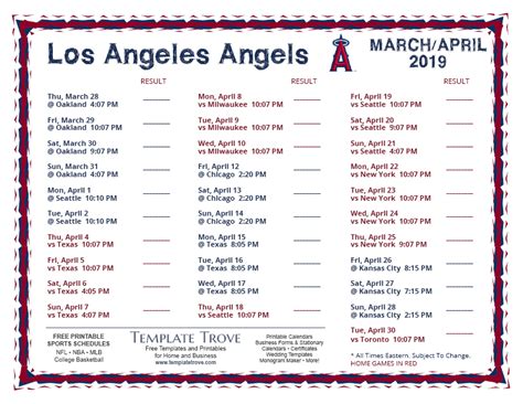 Los Angeles Angels Schedule Printable