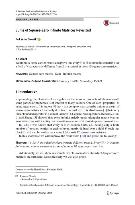 Pdf Sums Of Square Zero Infinite Matrices Revisited