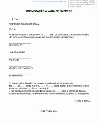 Modelo De Contrato De Convocação A Vaga De Emprego