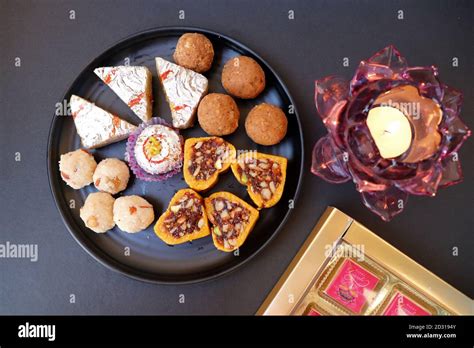 Assorted Indian Sweets Or Mithai Rava Laddoo Besan Laddu Dry Fruits