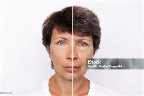 젊은 여성과 노인 여성의 얼굴 비교 젊음 노년기 노화와 회춘의 과정 기대에 대한 스톡 사진 및 기타 이미지 기대 노인