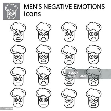 부정적인 감정 세트 벡터 소년 남자 선형 아이콘 부정적인 얼굴 표정 이모티콘 벡터 기호 흰색 배경에 검은 색 기호 검은색에 대한 스톡 벡터 아트 및 기타 이미지 Istock