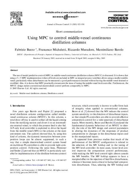 Pdf Using Mpc To Control Middle Vessel Continuous Distillation Columns