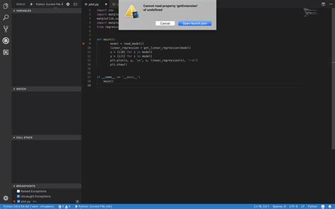 Error When Debugging Python File Cannot Read Property Getextension