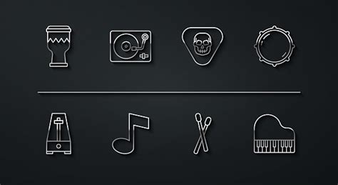 라인 드럼 진자가 있는 메트로놈 다이얼 노브 레벨 스틱 음표 음표 음색 비닐 플레이어 비닐 디스크 그랜드 피아노 및 기타 선택 아이콘을 설정합니다 벡터 Dj에 대한 스톡