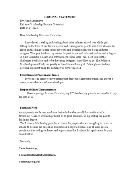 Personal Statement Examples For Scholarship Pdf