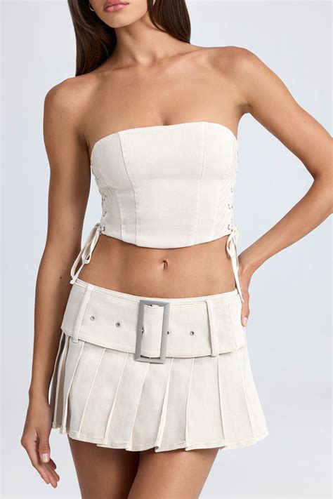 Belted Pleated Low Rise Micro Mini Skirt In Ecru Oh Polly
