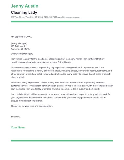Best Cleaning Lady Cover Letter Example For 2023