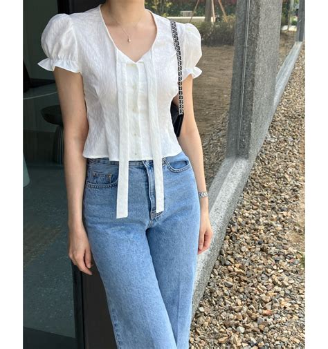 알로항 여름🍉썸머 여성 페미닌 크롭 타이 퍼프 반팔 블라우스2col