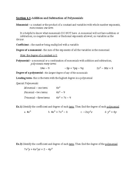 All Of Module 4 Lecture Notes Revised Section 4 Addition And Subtraction Of Polynomials