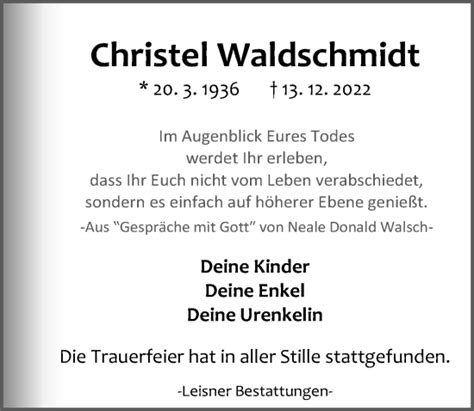 Traueranzeigen Von Christel Waldschmidt Trauer Anzeigen De