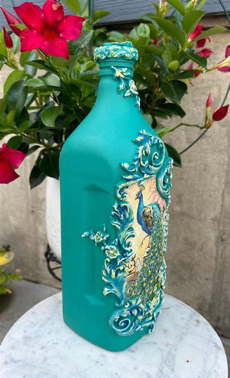 Handcrafted Peacock Decoupage Glass Bottle Wine Bottle Decor