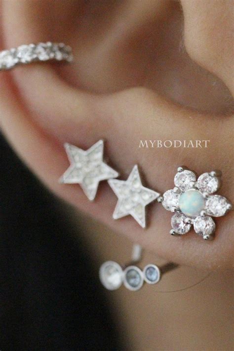 Starr Opal And Crystal Flower Ear Piercing 16g Cartilage Helix Tragus