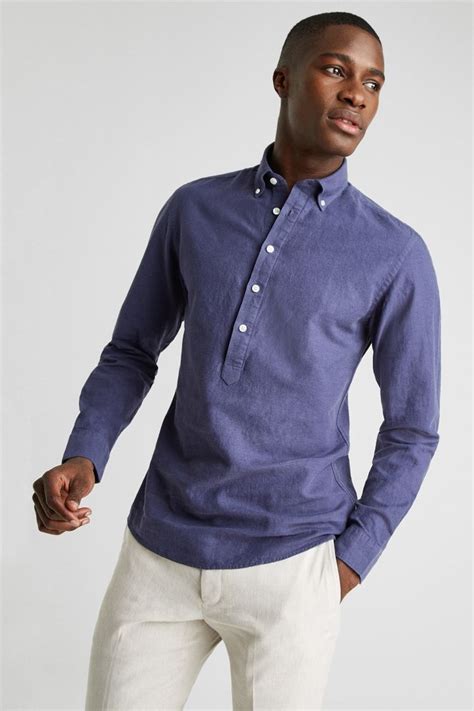 Moss 1851 Tailored Fit Indigo Linen Popover Shirt