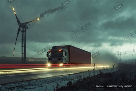 Ai创作图晚上运输 交通运输物流 卡车主视 贸易物流农业能源 高速货运 高速行驶的货车 高速物流 飞驰的货车 智慧运输物流 长途运输 长途物流