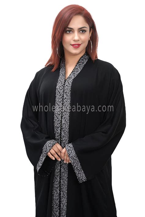 Muslim Women Black Nida Fabric Open Abaya With Lace Work Wholesaleabaya