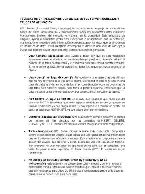014 Técnicas De Optimización De Consultas En Sql Server Pdf Sql