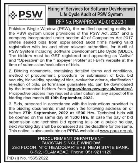 Psw Tender Notice For Audit Of Psw System Sdlc 2022 2025