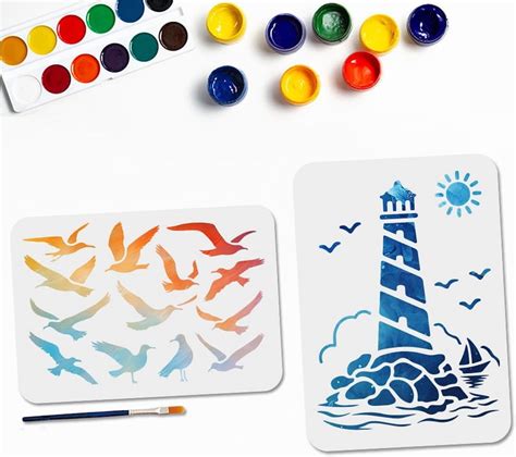 2 Pcs A4 Size Seagull Lighthouse Stencils Sea Bird Coastal Reef Stencil