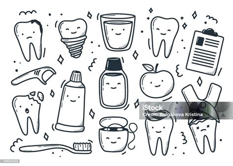 Set Gigi Kawaii Tangan Digambar Dengan Gaya Doodle Ilustrasi Sederhana
