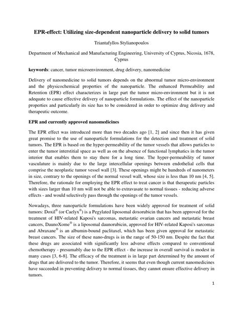 Pdf Epr Effect Utilizing Size Dependent Nanoparticle Delivery To