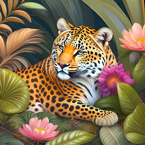 Premium Ai Image Cute Leopard Sleeping On Tropical Jungle Full Of Exotic Flowers And Leaves