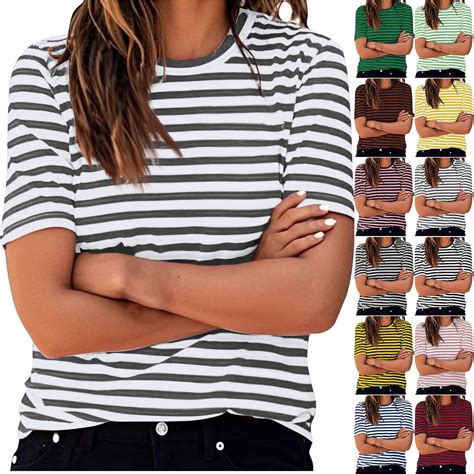 Womens Striped Shirts Summer Short Sleeve Loose T Shirts Crew Neck