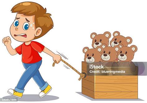테디 베어로 가득 찬 상자를 당기는 아이의 벡터 그림 밝은 색상과 만화 스타일이 장난기 넘치는 장면을 향상시킵니다 고객 참여에 대한 스톡 벡터 아트 및 기타 이미지 Istock
