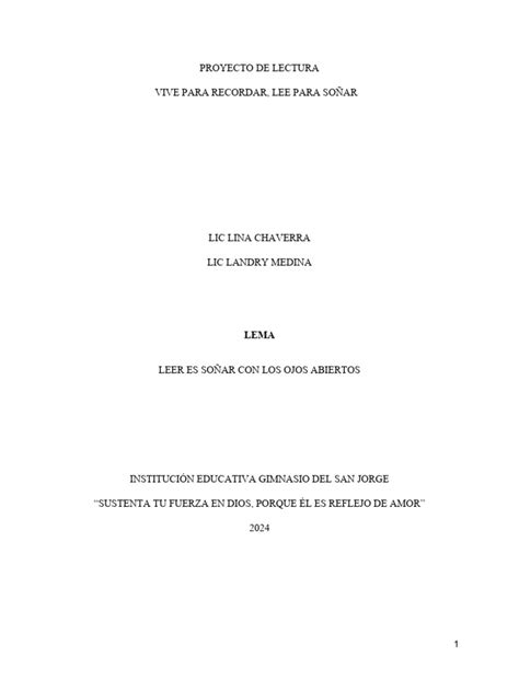 Proyecto De Lectura 2024 Pdf Comprensión Lectora Aprendizaje