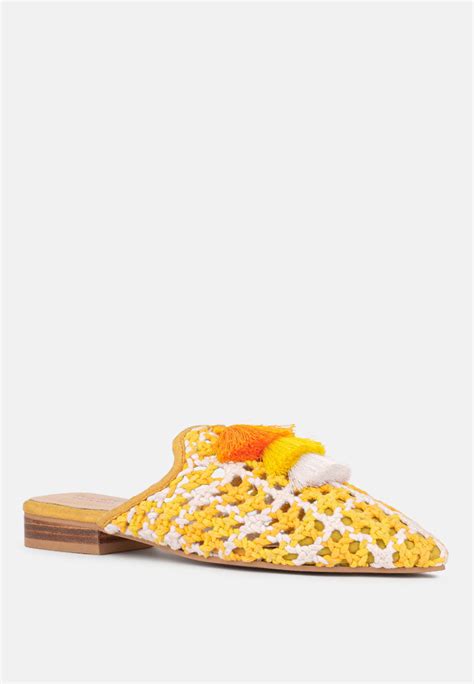 Buy Mariana Yellow Woven Flat Mules With Tassels Mules Rag And Co