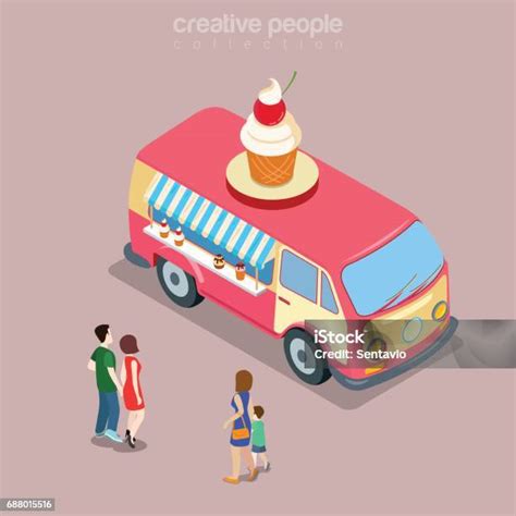 행복 한 히피 반에 아이스크림 사막 달콤한 카페 패스트 푸드 거리 비스트로 레스토랑 평면 3d 아이소메트리 아이소메트릭 개념 웹