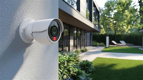 White Cctv Camera With Red Recording Light Monitoring The Entrance Of A