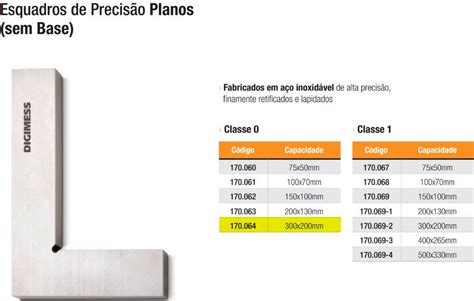 Esquadro Precisão Classe 0 Plano Sem Base 300x200mm Digimess CÔvado