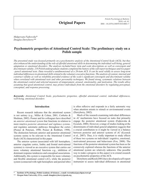 Pdf Psychometric Properties Of Attentional Control Scale The