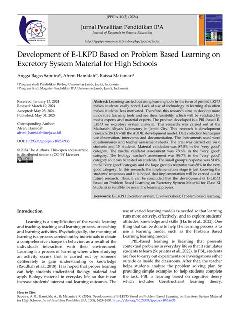 Pdf Development Of E Lkpd Based On Problem Based Learning On