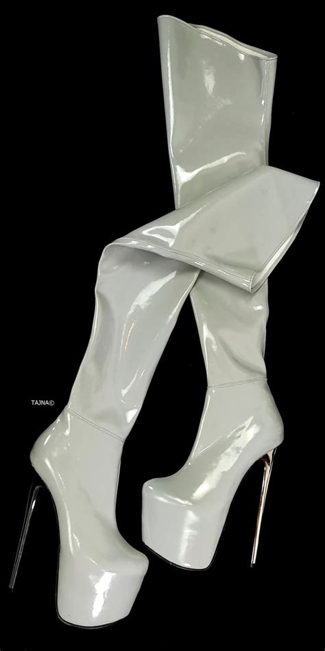 Gray Thigh High Gloss Metallic Heel Boots Tajna Club