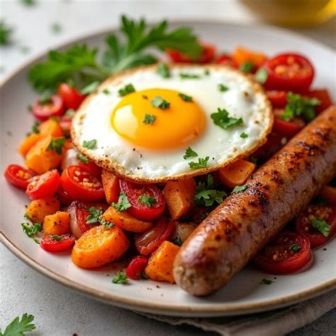 Crispy Sweet Potato Hash With Chicken Sausage And Sunny Eggs